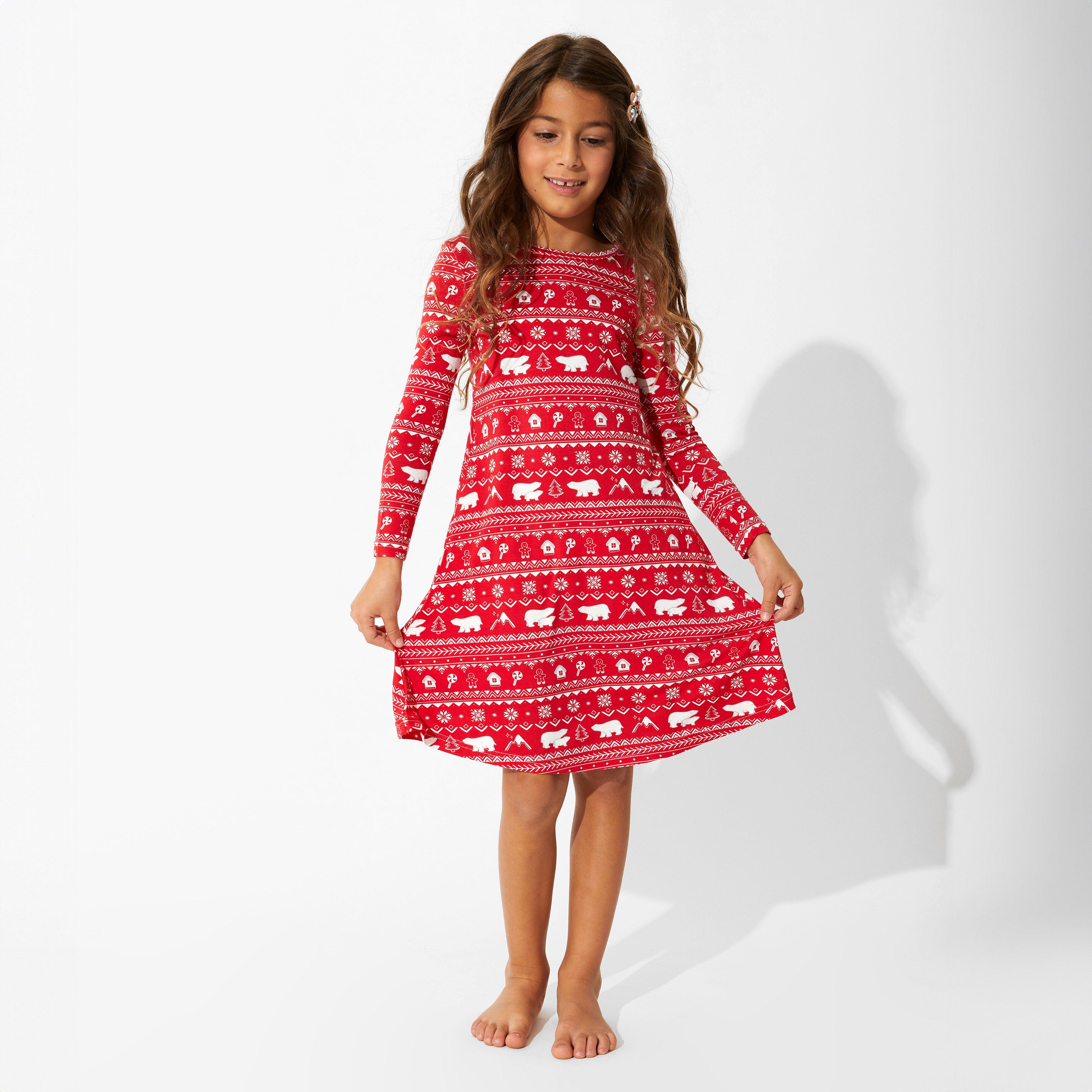 Polar Isle Red Bamboo Girls' Long Sleeve Dress: Festive Holiday Cheer ...